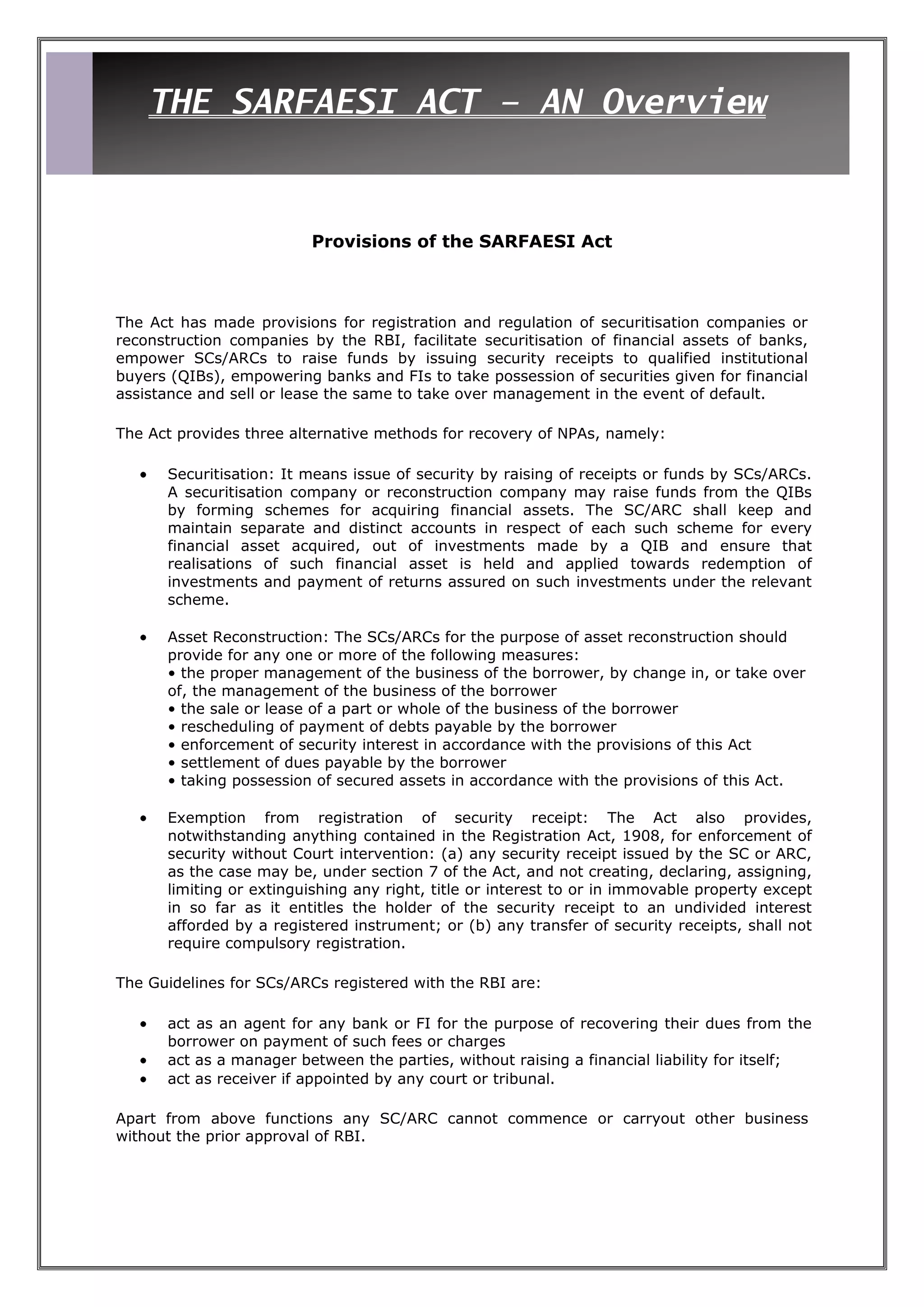 Handout On SARFAESI | DOCX | Business | Business and Finance