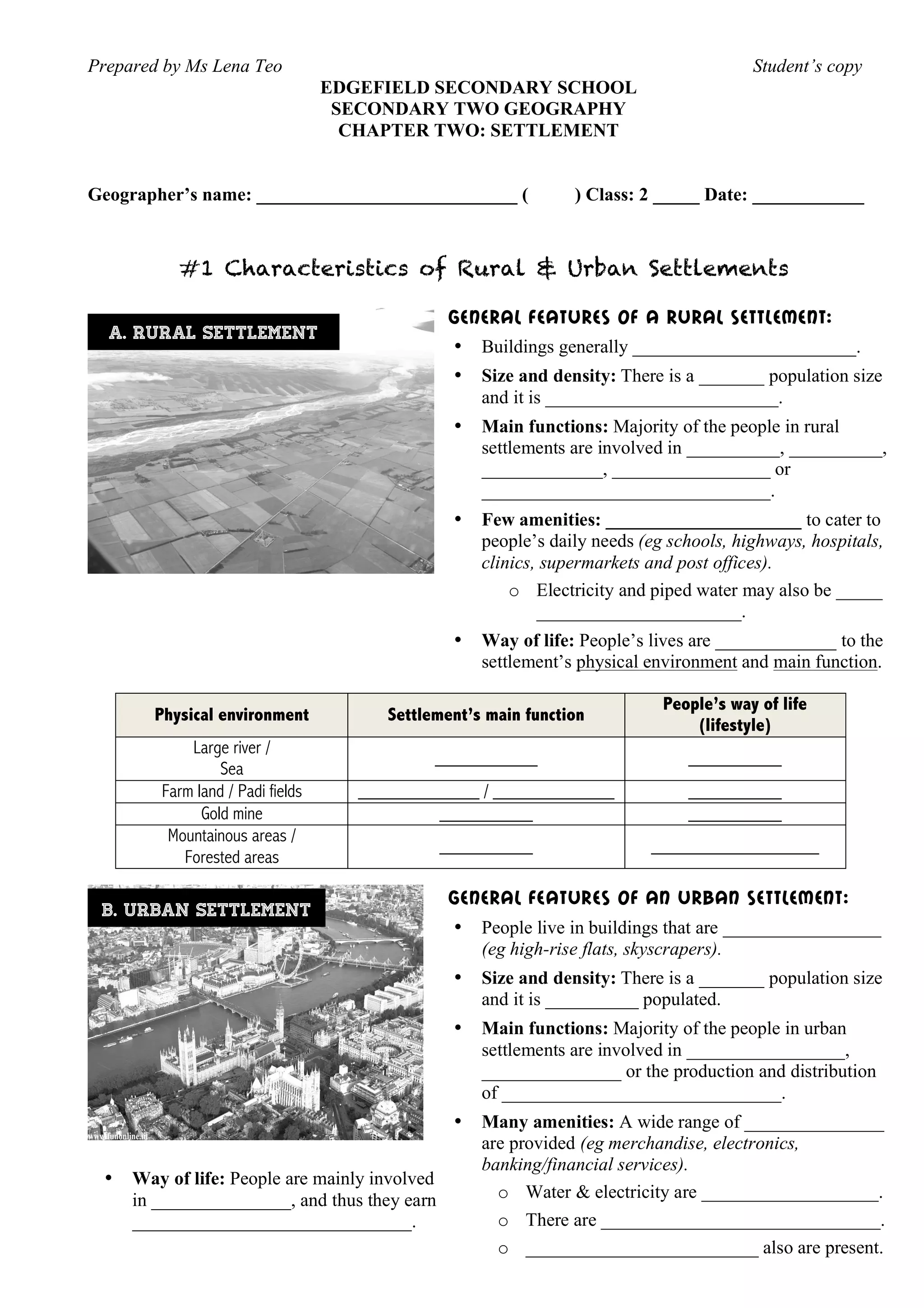 S2 GE Handout - Settlements (Student) | PDF