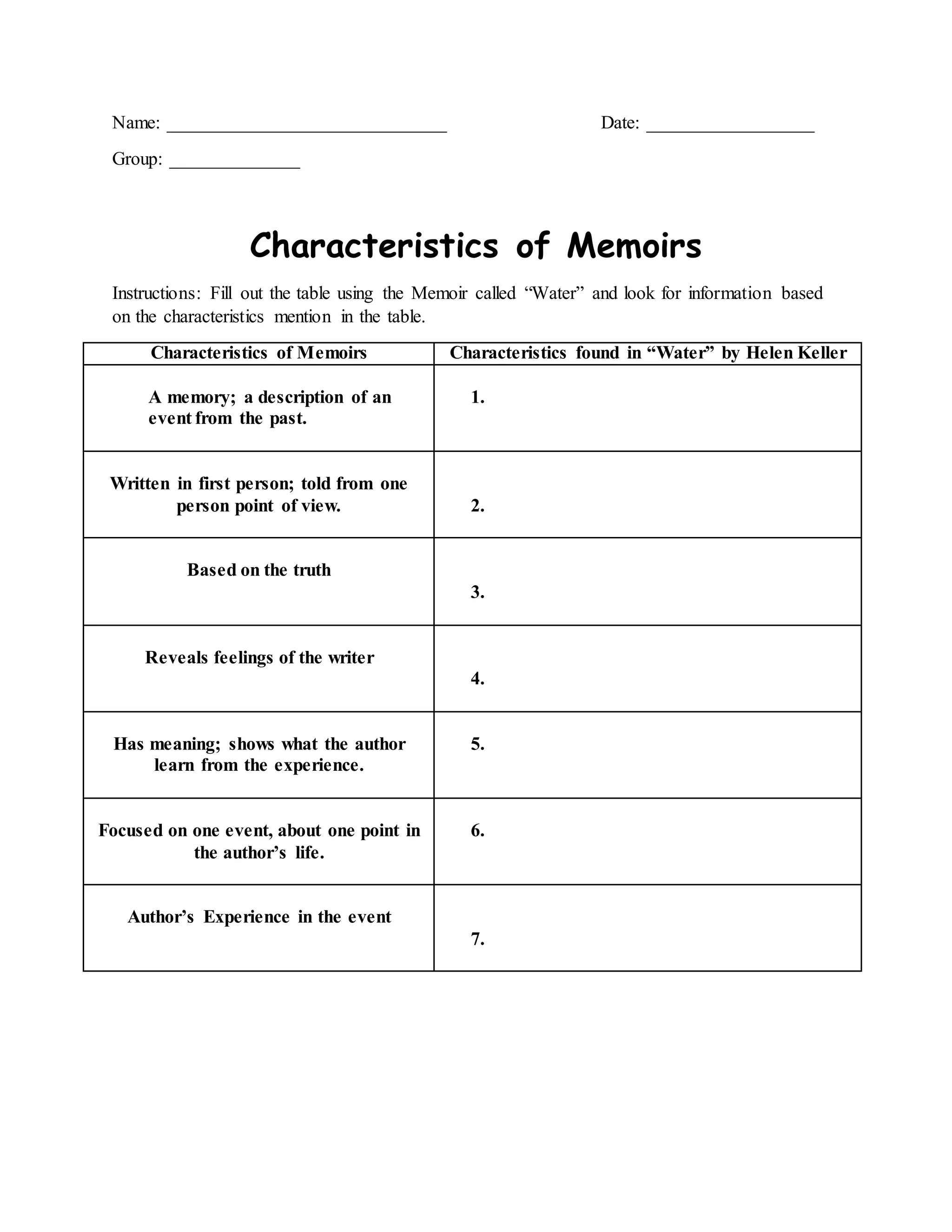 Worksheets for the Lesson plan for the Memoir "Water" | DOCX