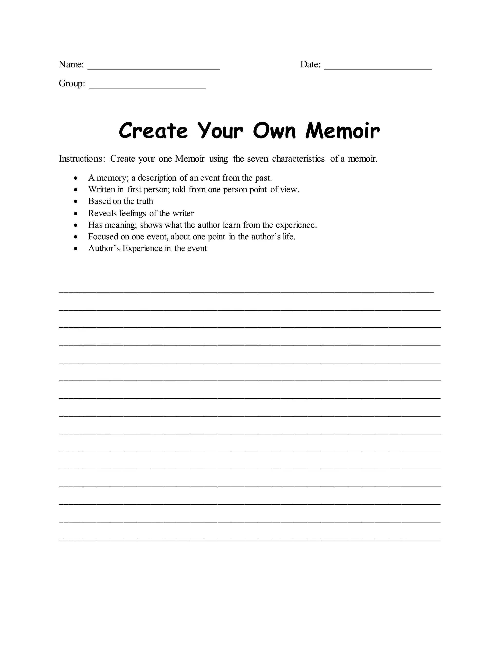 Worksheets for the Lesson plan for the Memoir "Water" | DOCX