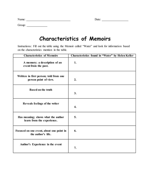 Worksheets for the Lesson plan for the Memoir "Water" | PDF