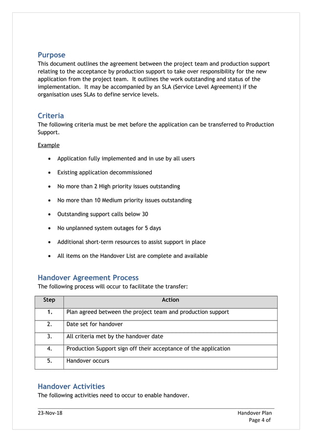 Project Handover Document Template | DOC | IT and Internet Support ...