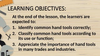 Different Types of Hand Tools Used In Industrial Arts | PPTX