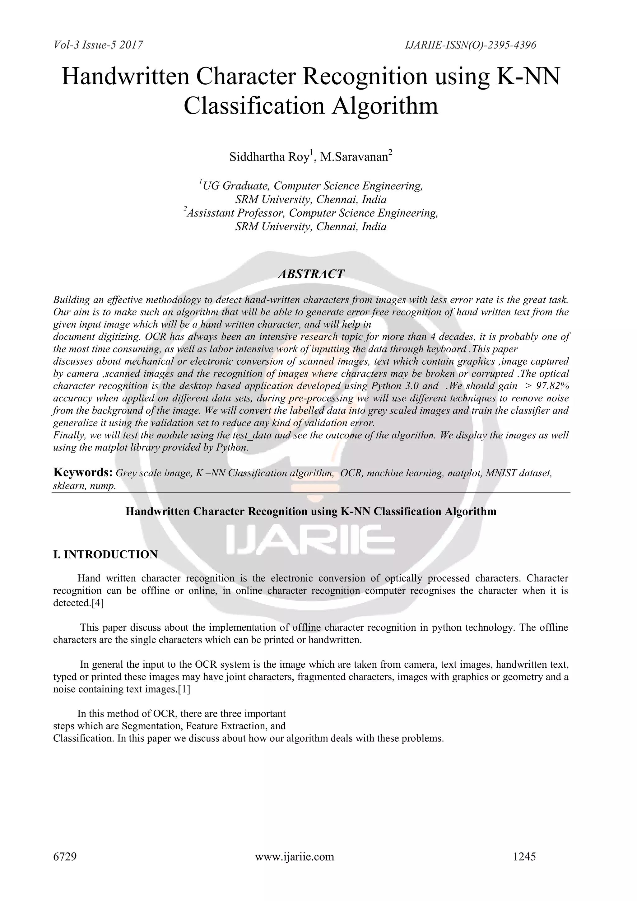 Handwriting Recognition Using Knn Classificatiob Algorithm Ijariie6729