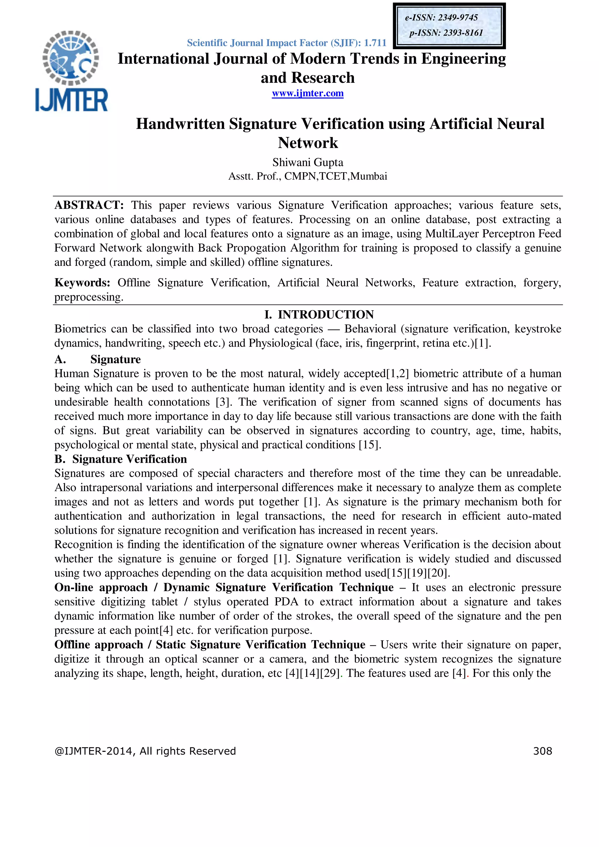 Handwritten Signature Verification using Artificial Neural Network | PDF