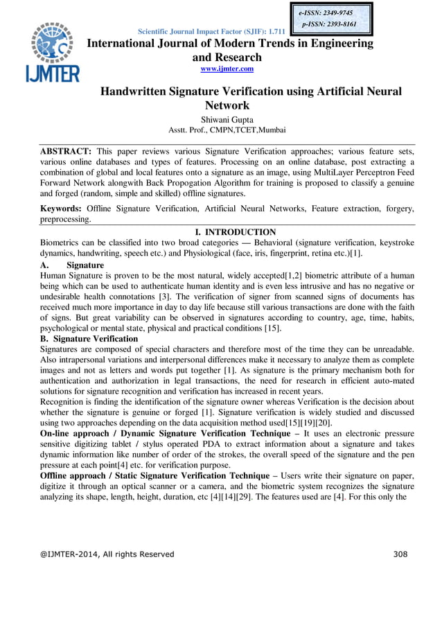 Handwritten Signature Verification using Artificial Neural Network | PDF
