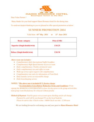 Hanoi romance hotel summer promotion 2014 | DOC | Hotel Properties ...