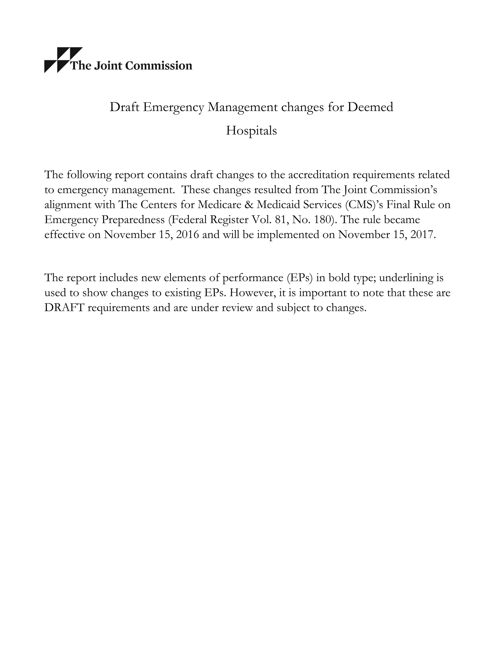 Draft Emergency Management Final Rule Standards Revision | PDF