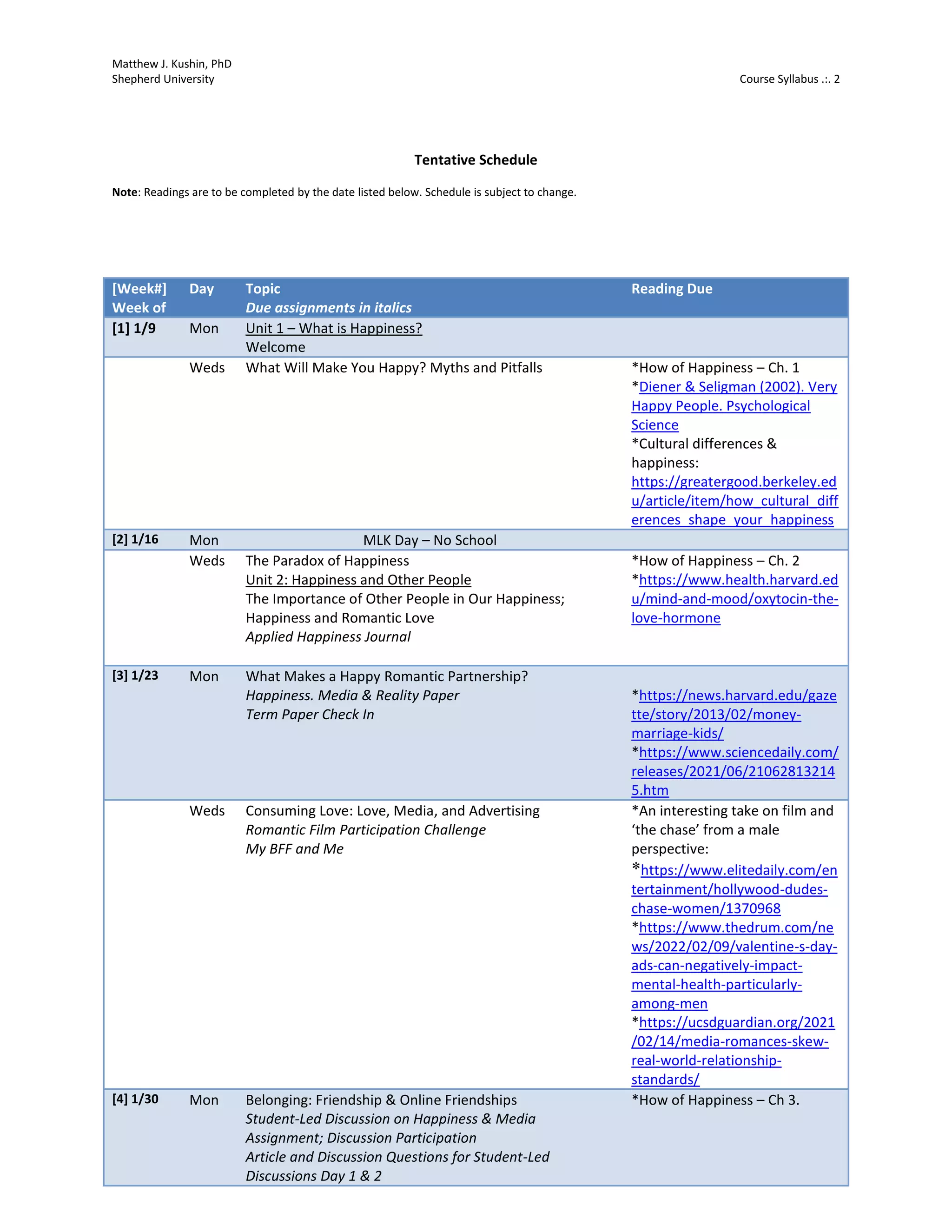 Happiness: Media versus Reality - Syllabus for College Class | DOC