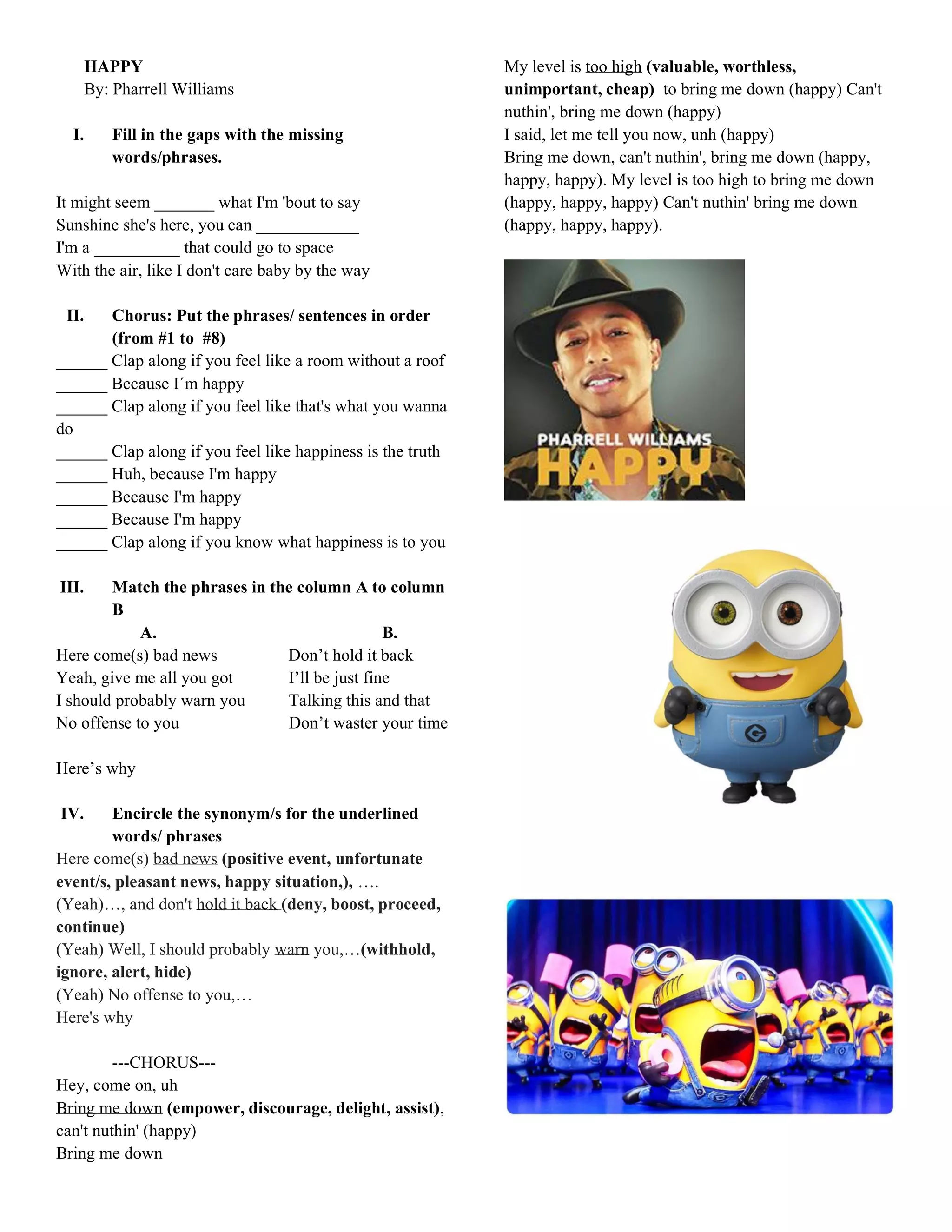 Happy song worksheet | PDF