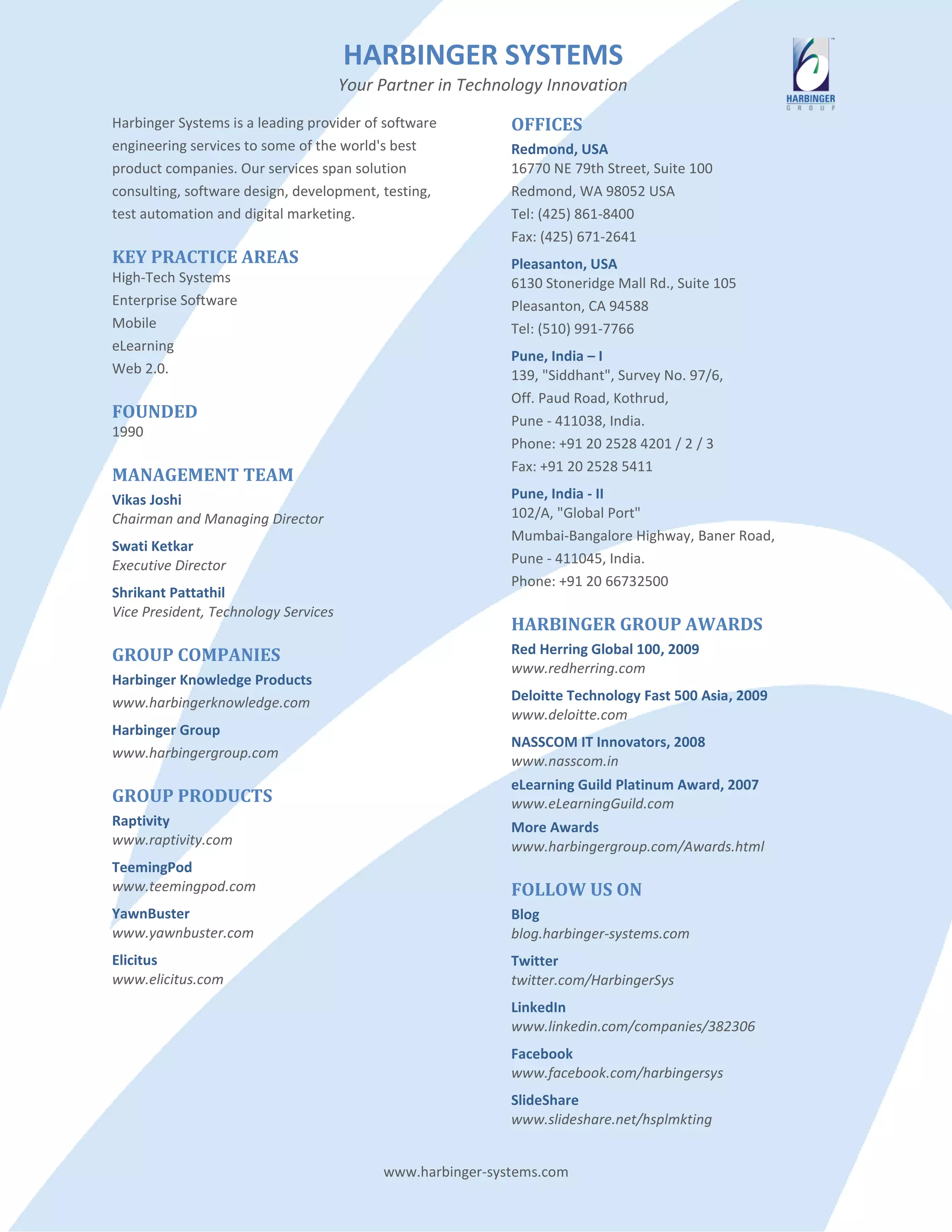 Harbinger Systems Software Engineering Services - Quick Facts | PDF