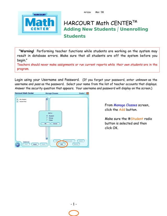 Harcourt Math Center Add Students | PDF