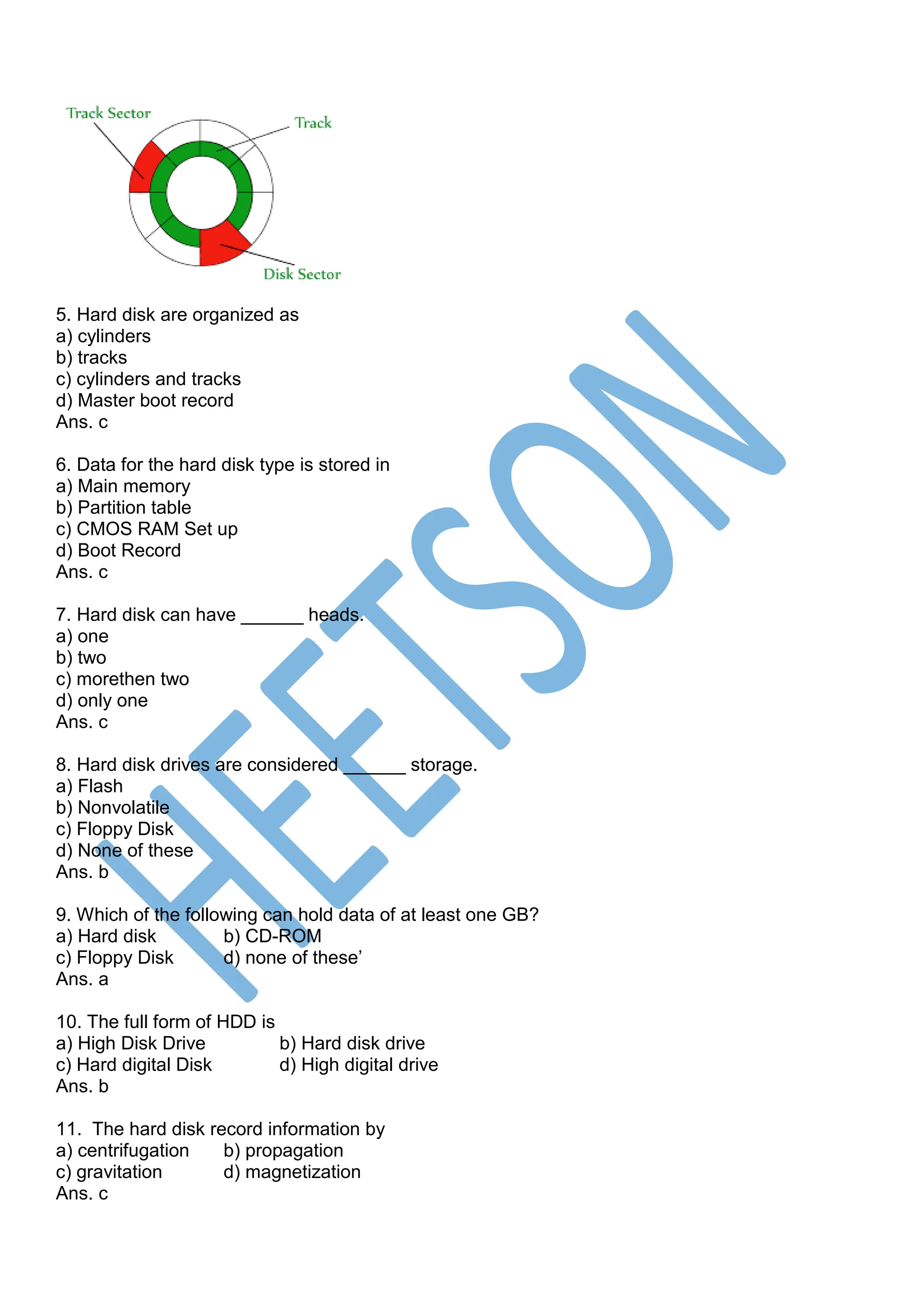 Hard Disk MCQ (HDD Questions and Answers) | PDF