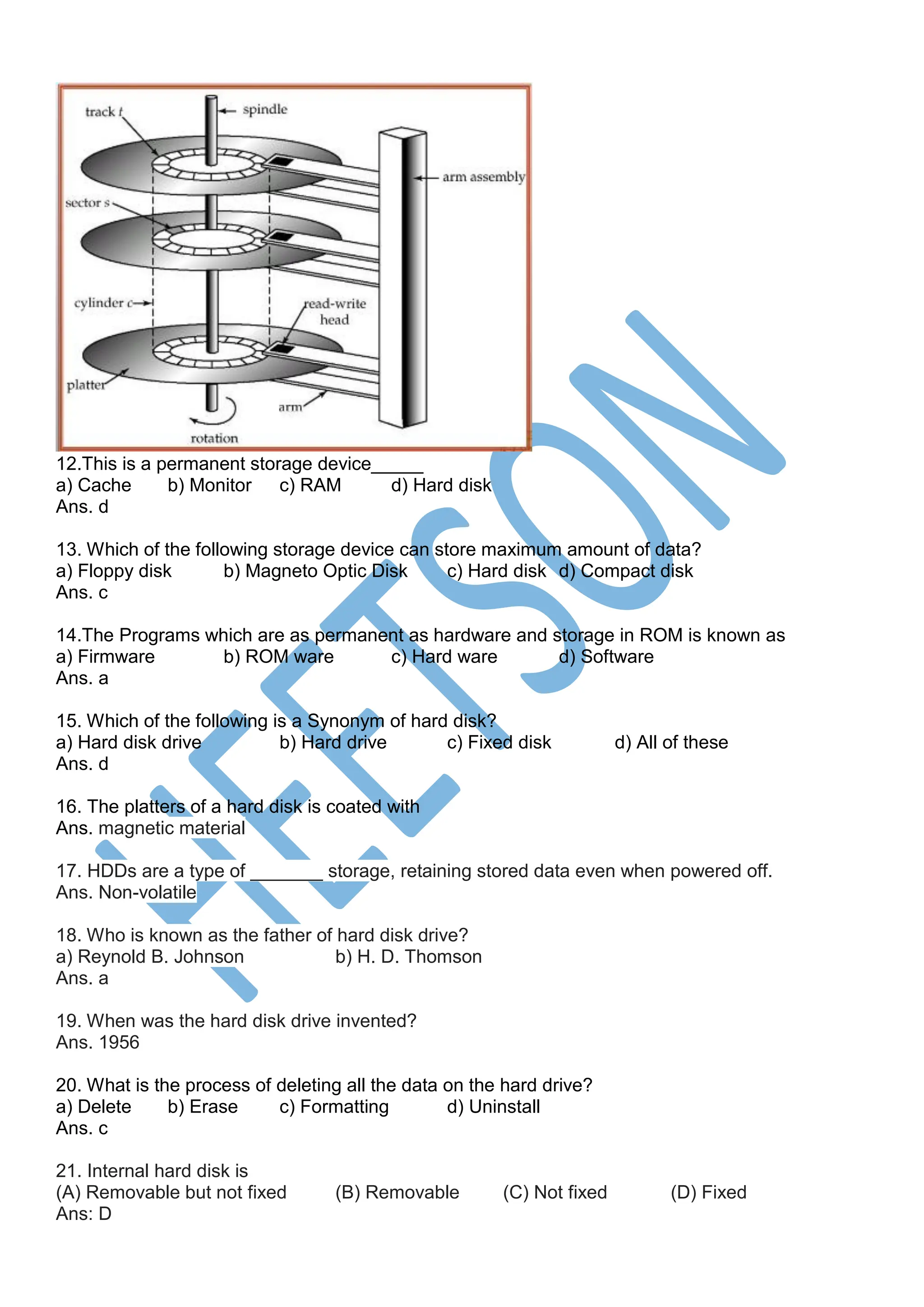 Hard Disk MCQ (HDD Questions and Answers) | PDF