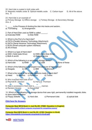 Hard Disk MCQ (HDD Questions and Answers) | PDF