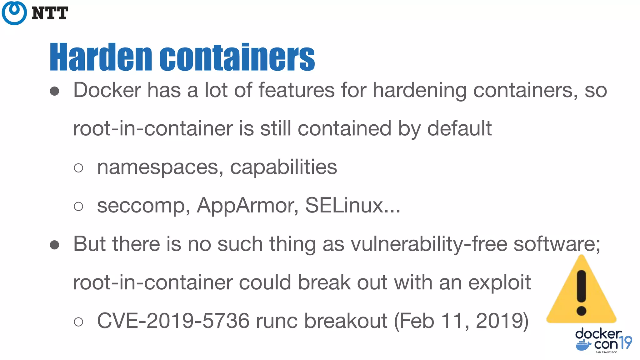 [DockerCon 2019] Hardening Docker daemon with Rootless mode | PDF