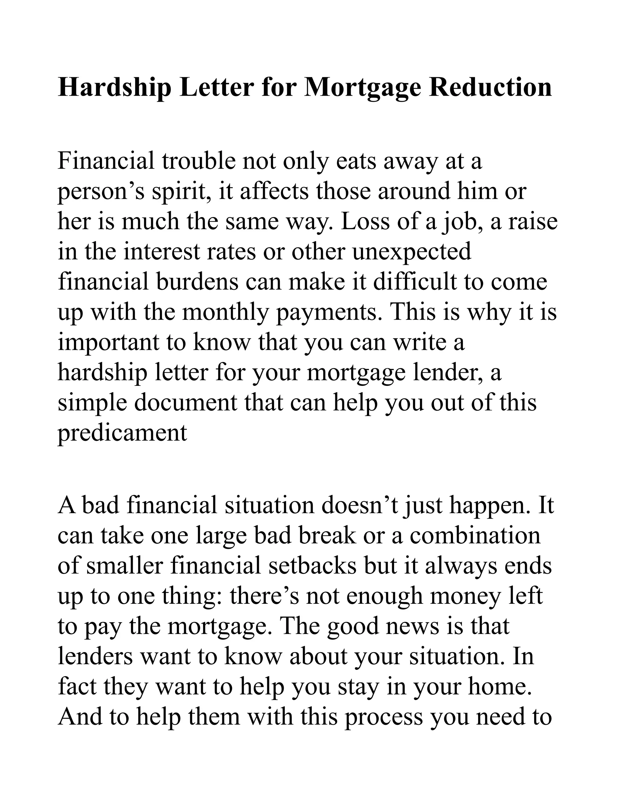 Hardship letter for mortgage reduction | PDF