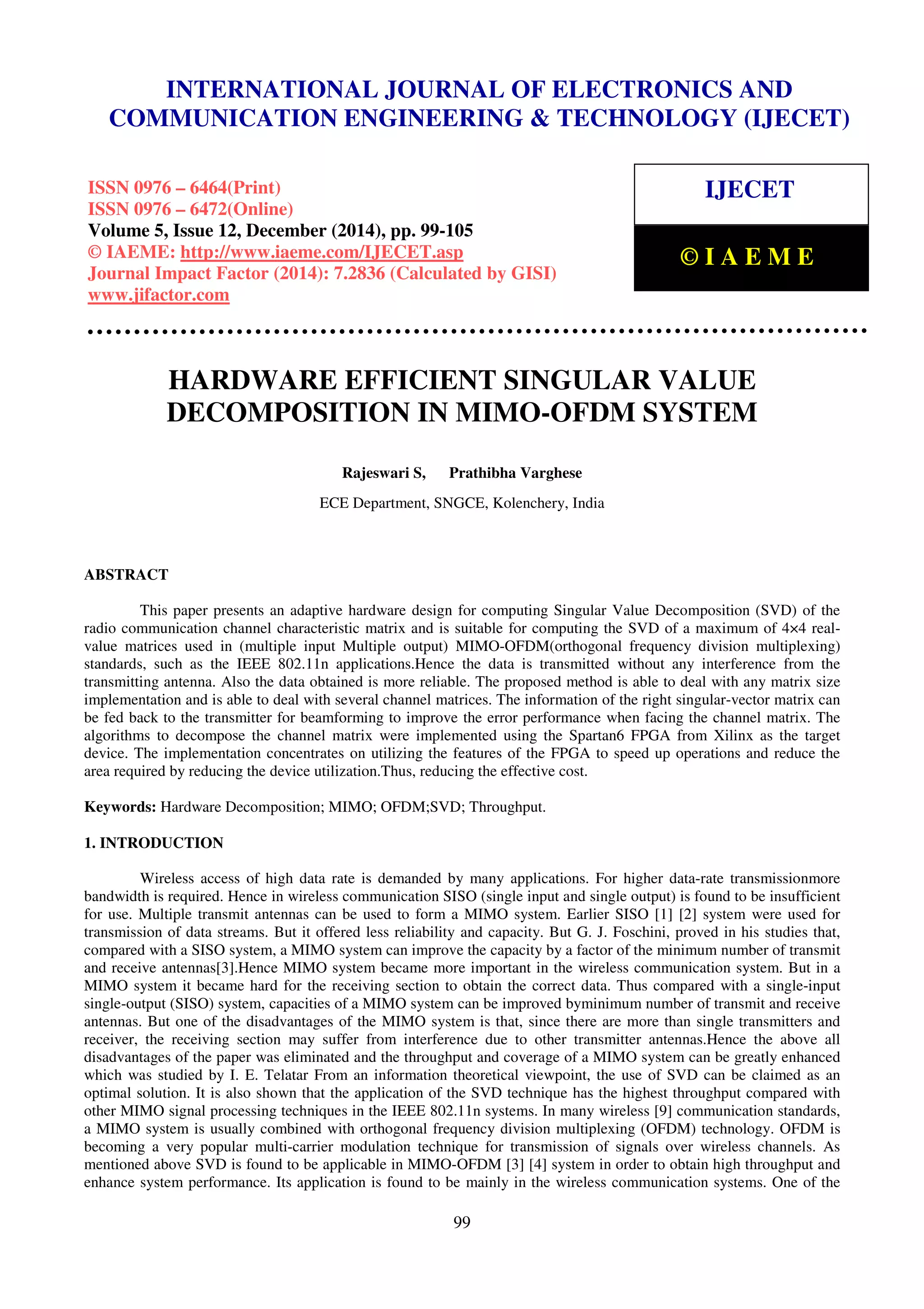 Hardware efficient singular value decomposition in mimo ofdm system | PDF