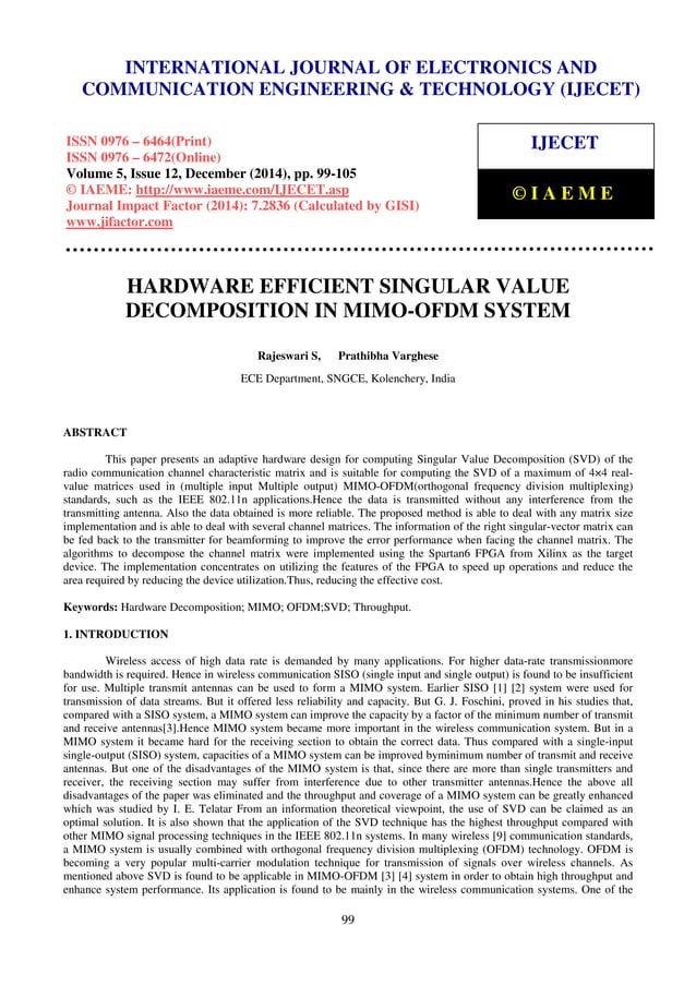 Hardware efficient singular value decomposition in mimo ofdm system | PDF