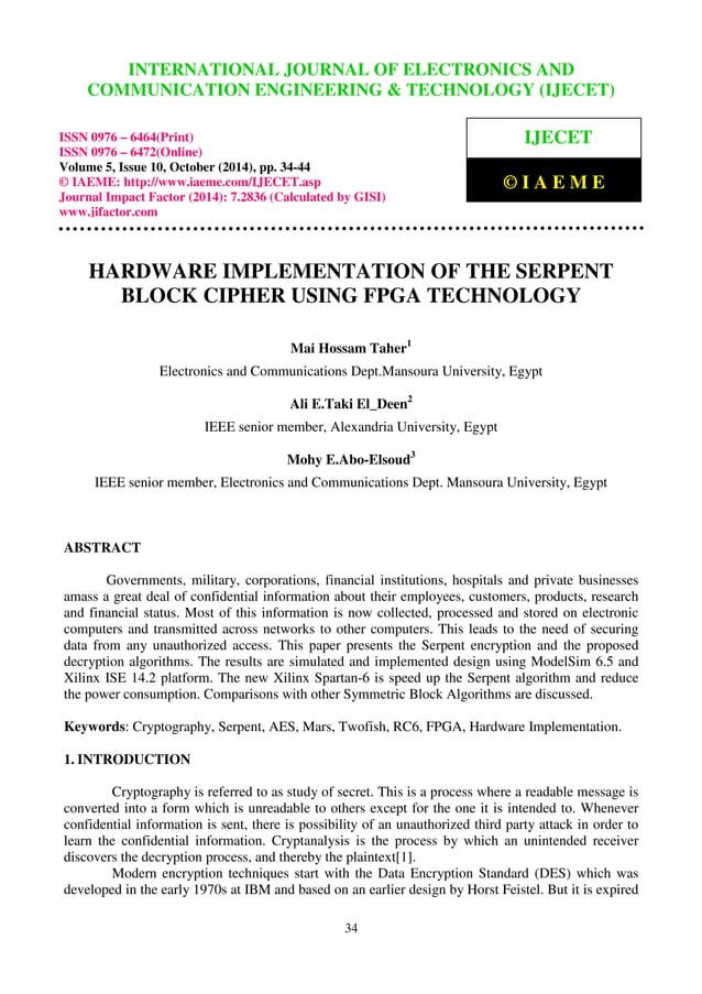 Hardware implementation of the serpent block cipher using fpga technology | PDF | Information ...
