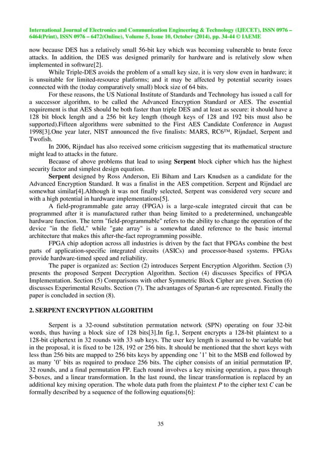 Hardware Implementation Of The Serpent Block Cipher Using Fpga Technology Pdf