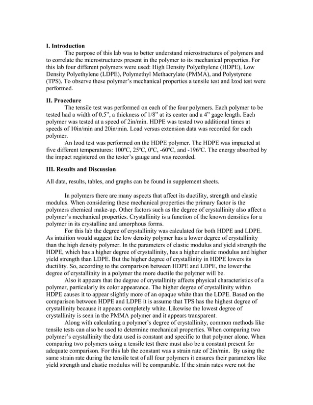 Report and Analysis:Mechanical Properties of Polymers & Ceramics | DOC