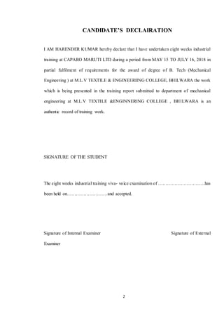 SUMMER TRAINING REPORT ON CAPARO MARUTI LTD. BAWAL, REWARI (HARYANA) | DOCX