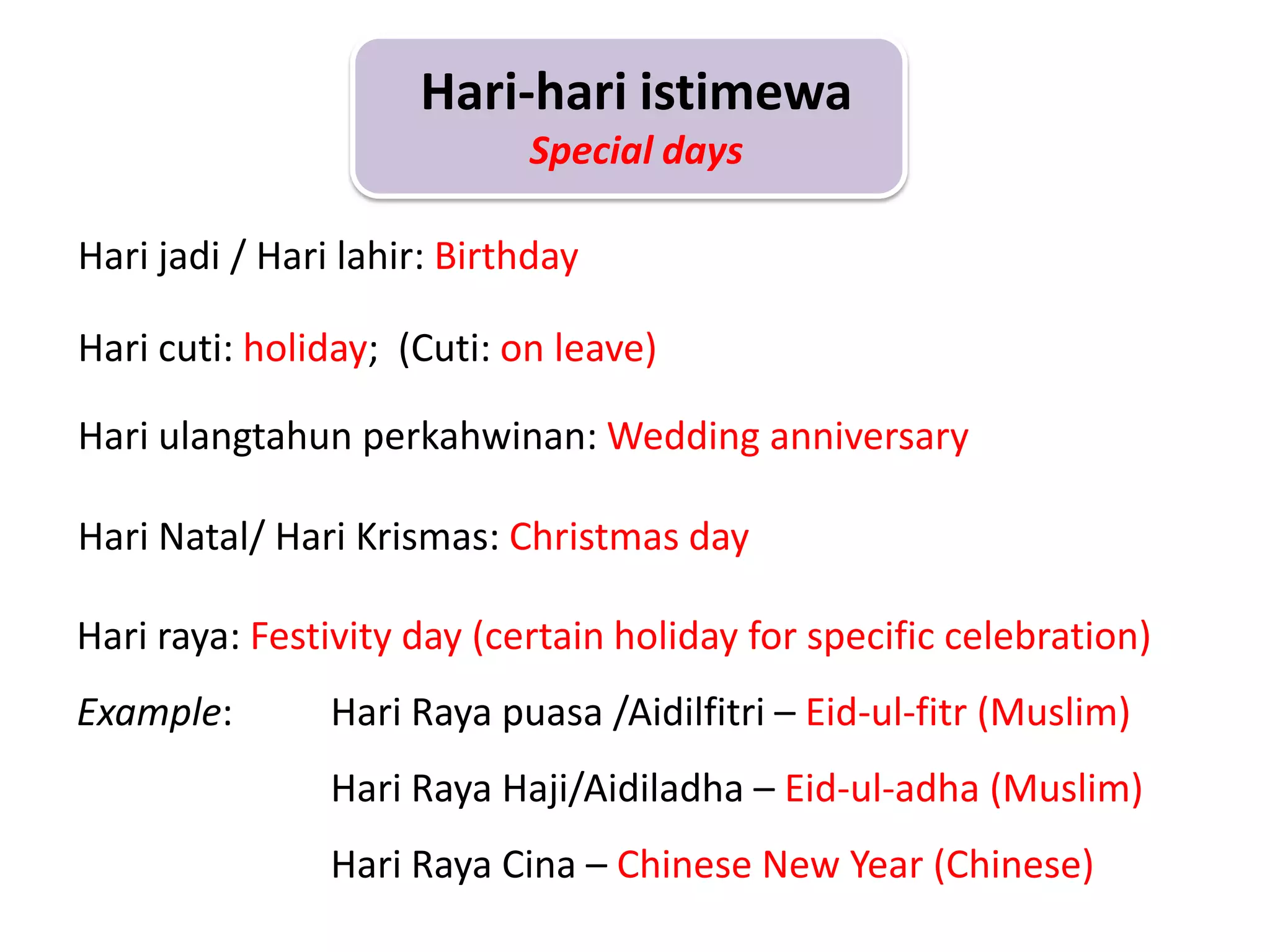 Hari hari dalam seminggu | PPTX