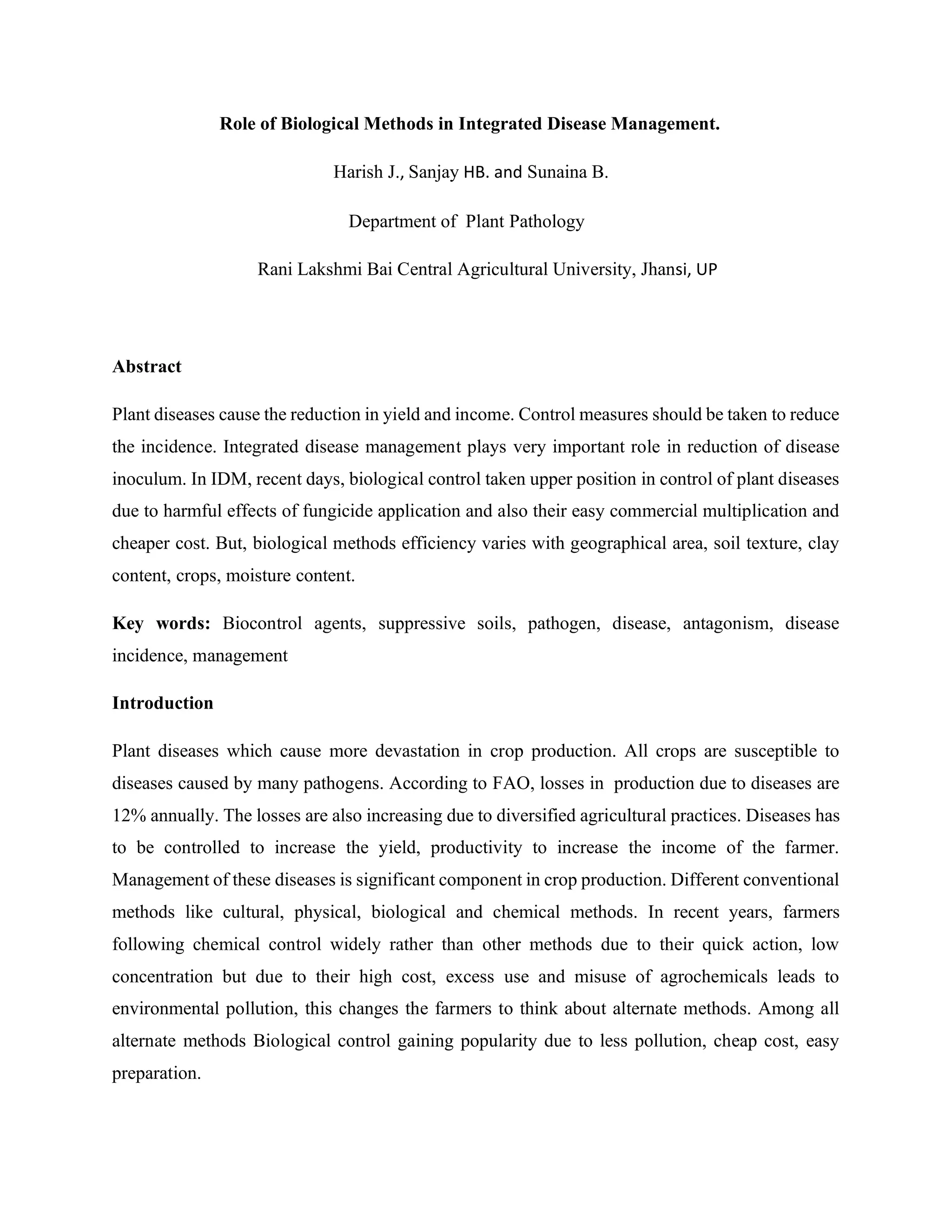 ROLE OF BIOLOGICAL METHODS IN INTEGRATED DISEASE MANAGEMENT | PDF