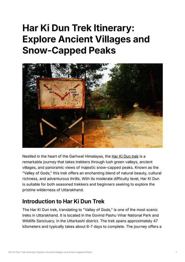 Har Ki Dun Trek Itinerary-Explore Ancient Villages and Snow-Capped Peaks | PDF