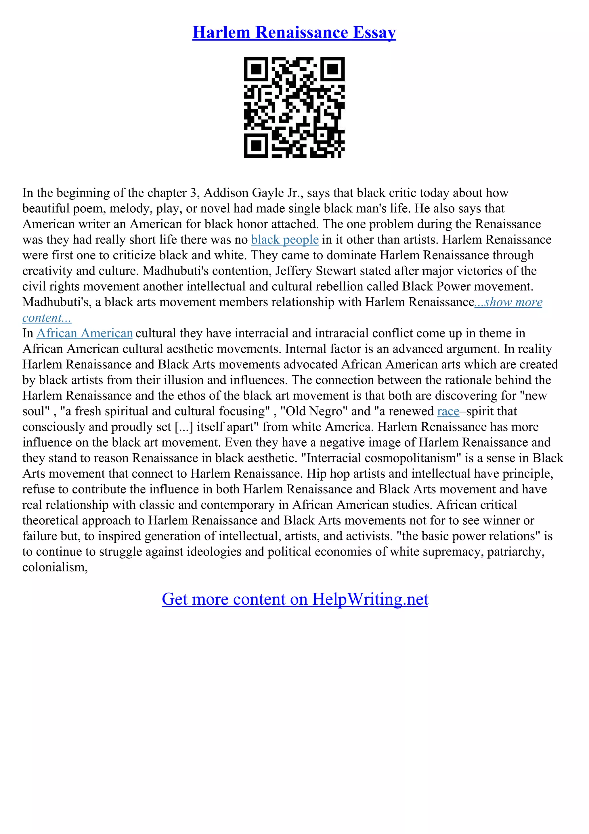 Harlem Renaissance Essay | PDF | Books and Literature