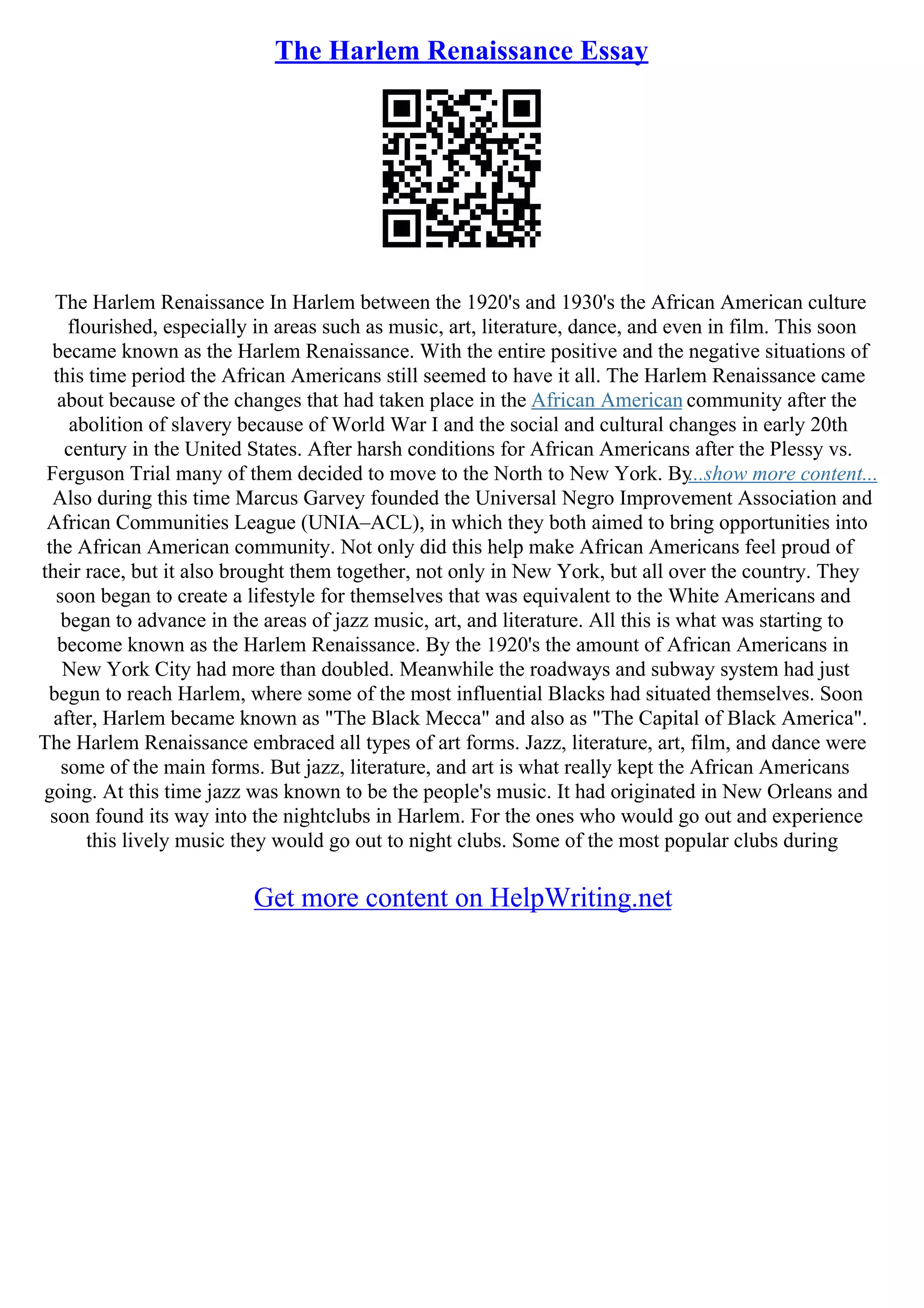 Harlem Renaissance Essay | PDF | Books and Literature