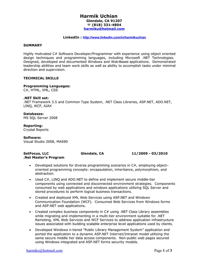 Harmik Uchian .Net Resume | PDF