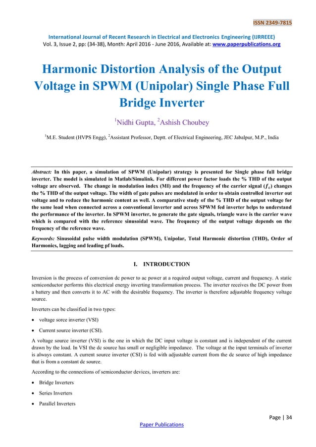 Harmonic Distortion Analysis of the Output Voltage in SPWM (Unipolar) Single Phase Full Bridge ...