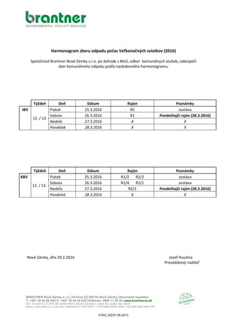 Harmonogram zberu odpadu počas Veľkonočných sviatkov 2016 | PDF