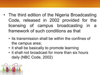 Harnessing campus radio resources for odl in nigeria | PPT | College Radio | Music
