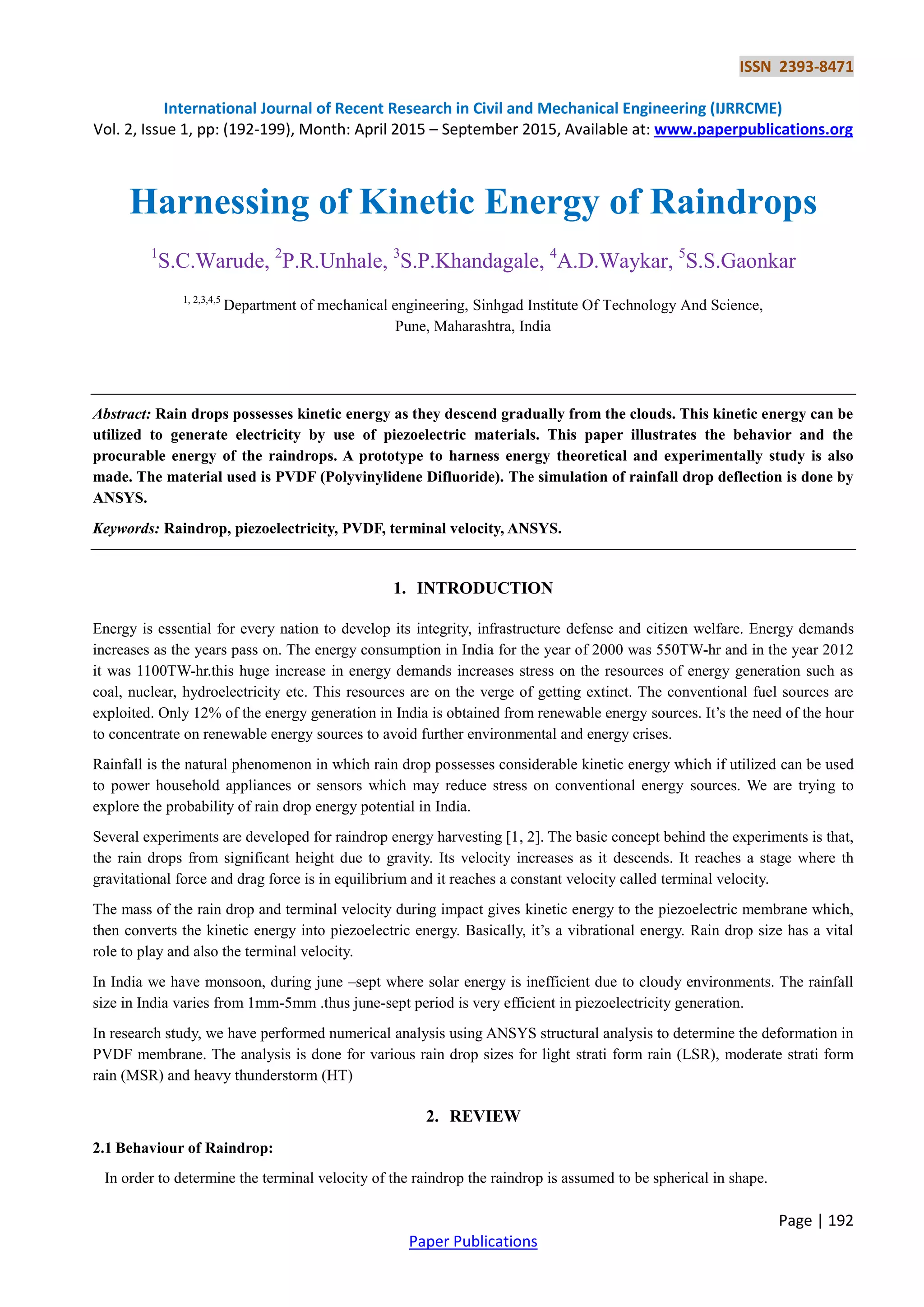 Harnessing of Kinetic Energy of Raindrops | PDF