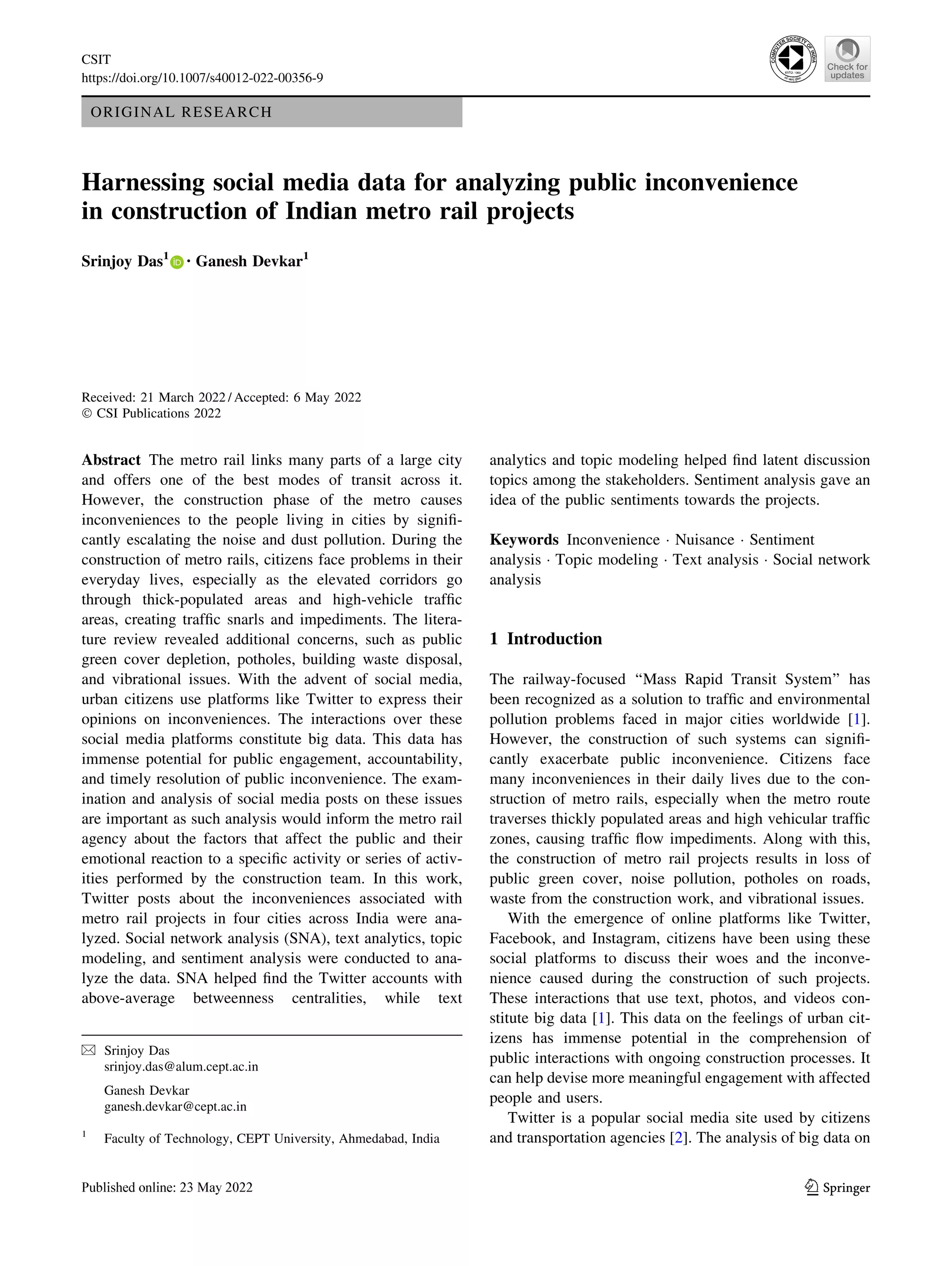 Harnessing social media data for analyzing public inconvenience in construction of Indian metro ...