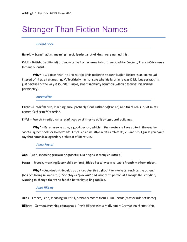 Stranger Than Fiction Names | DOCX