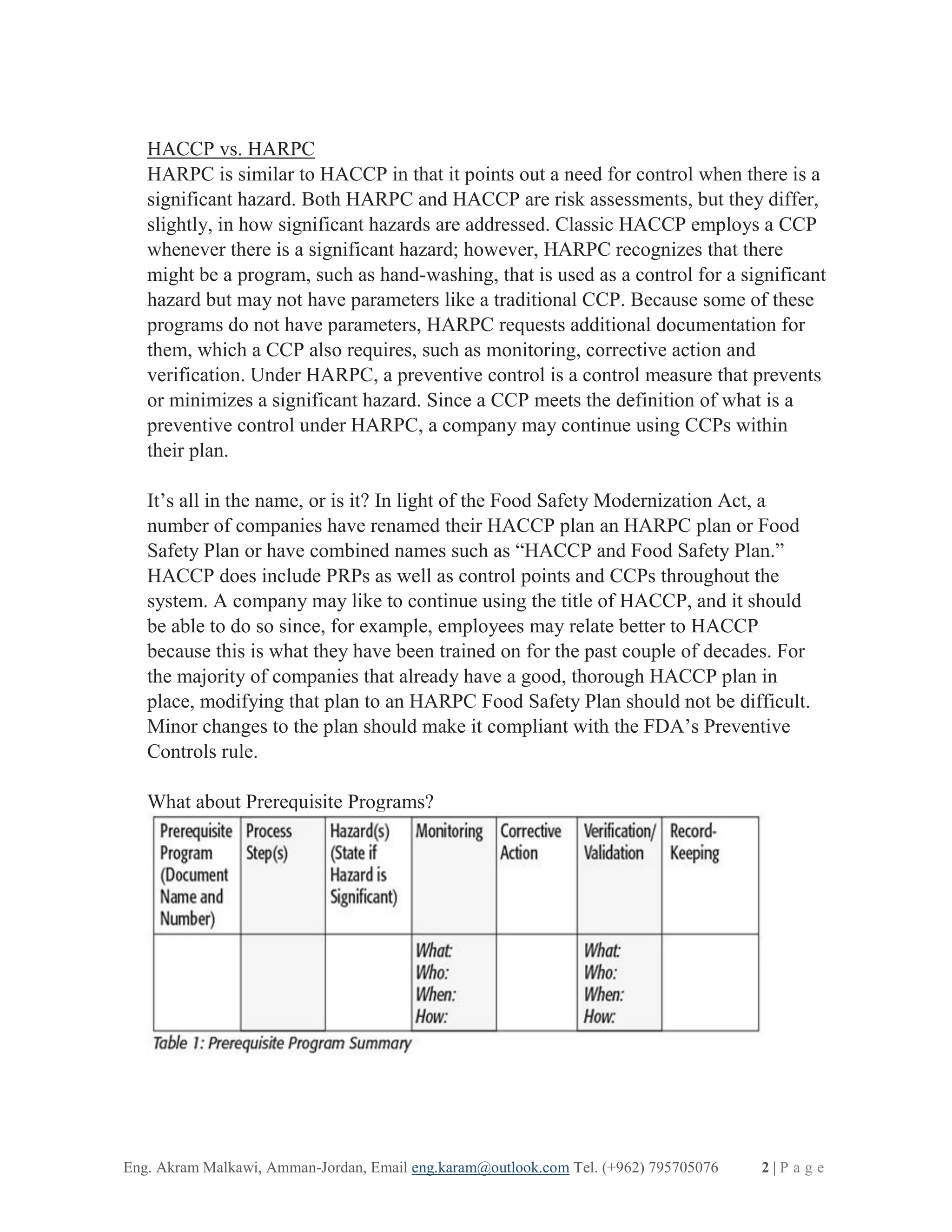 HAZARD ANALYSIS RISK-BASED PREVENTIVE CONTROL [HARPC] & TRADITIONAL ...
