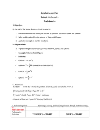 DLP MATH6 volume of pyramid, cone, triangle and sphere | DOCX
