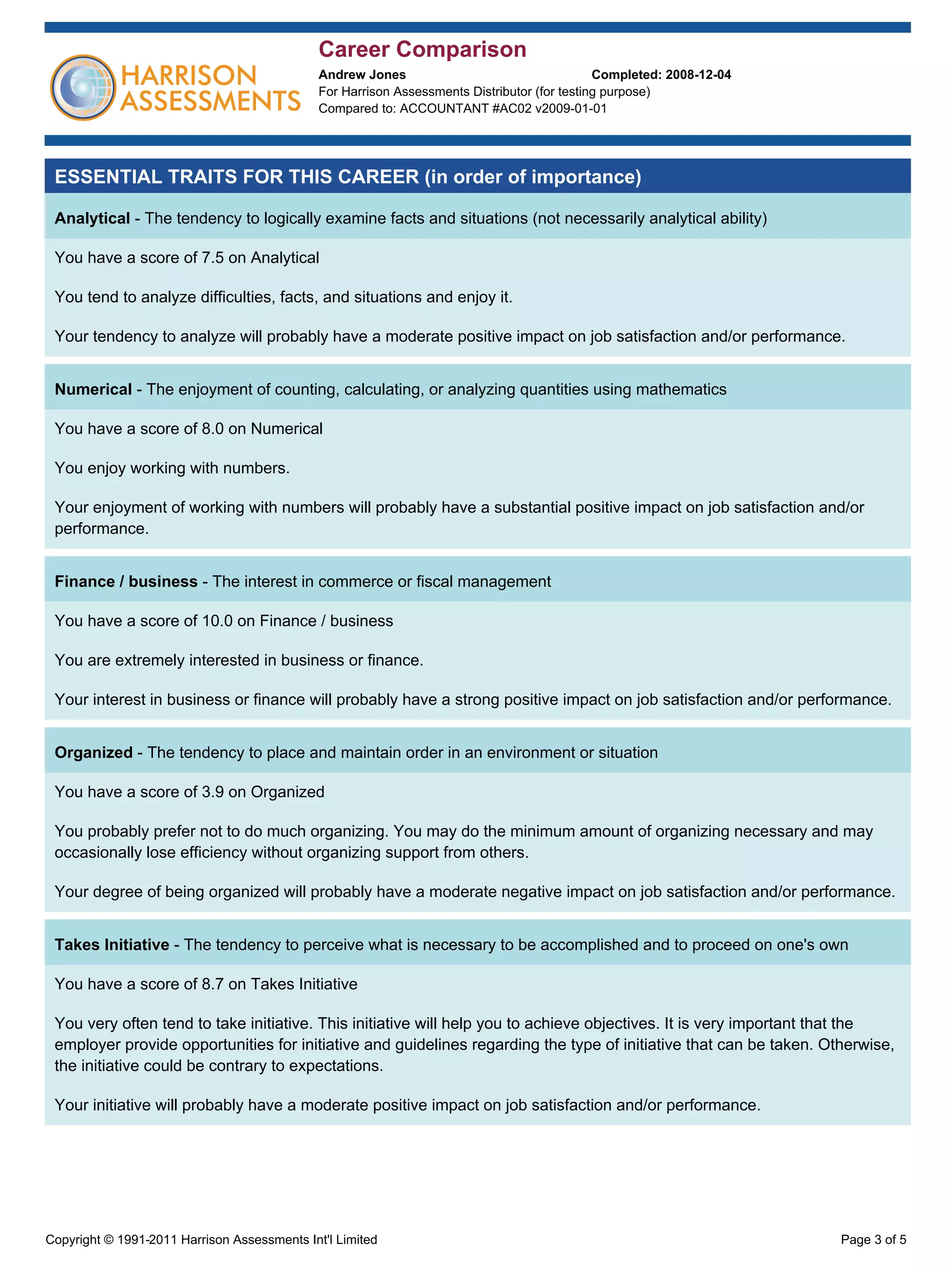 Harrison Assessments Sample Report Career Comparison | PDF