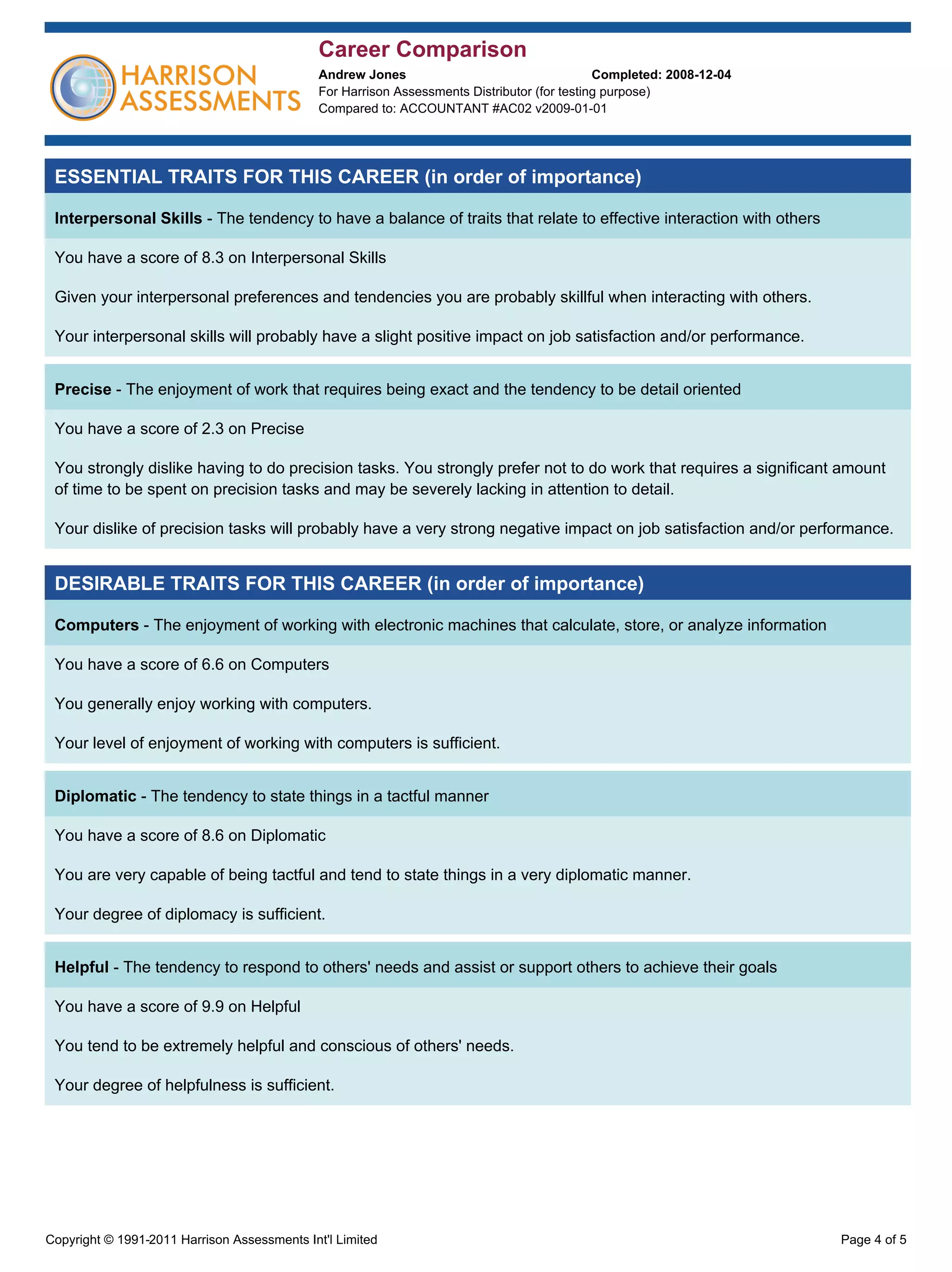 Harrison Assessments Sample Report Career Comparison | PDF