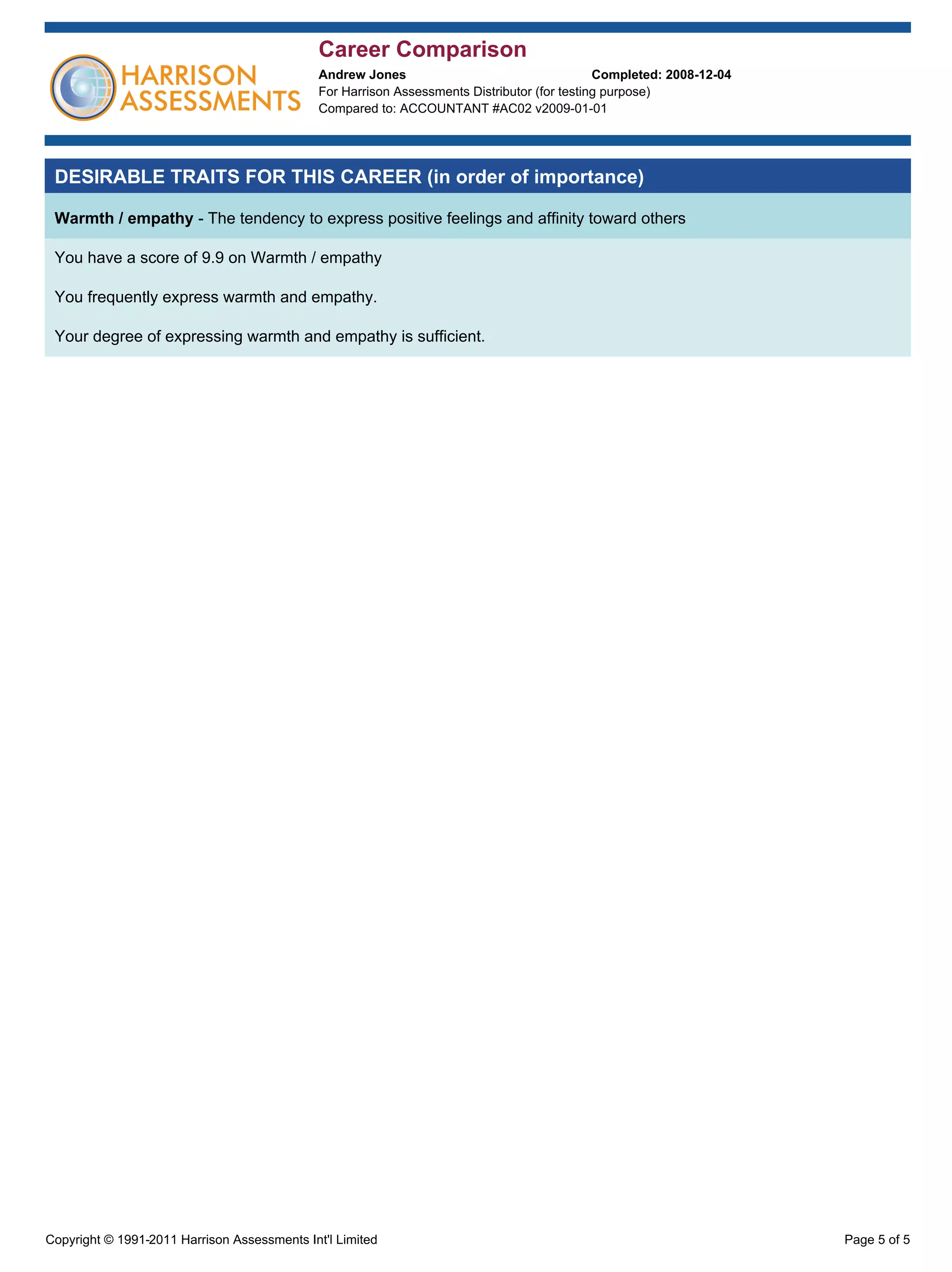 Harrison Assessments Sample Report Career Comparison | PDF