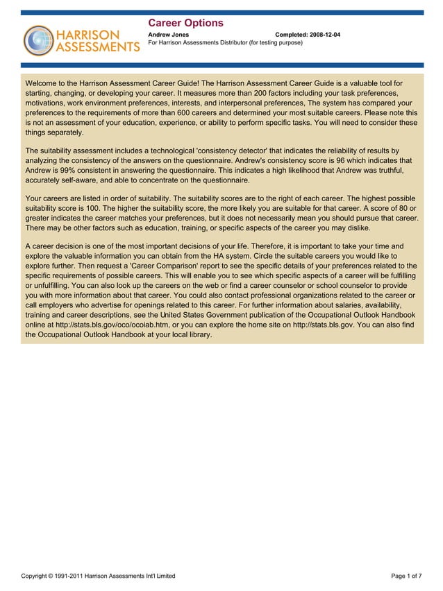 Harrison Assessments Sample Report Career Options | PPT