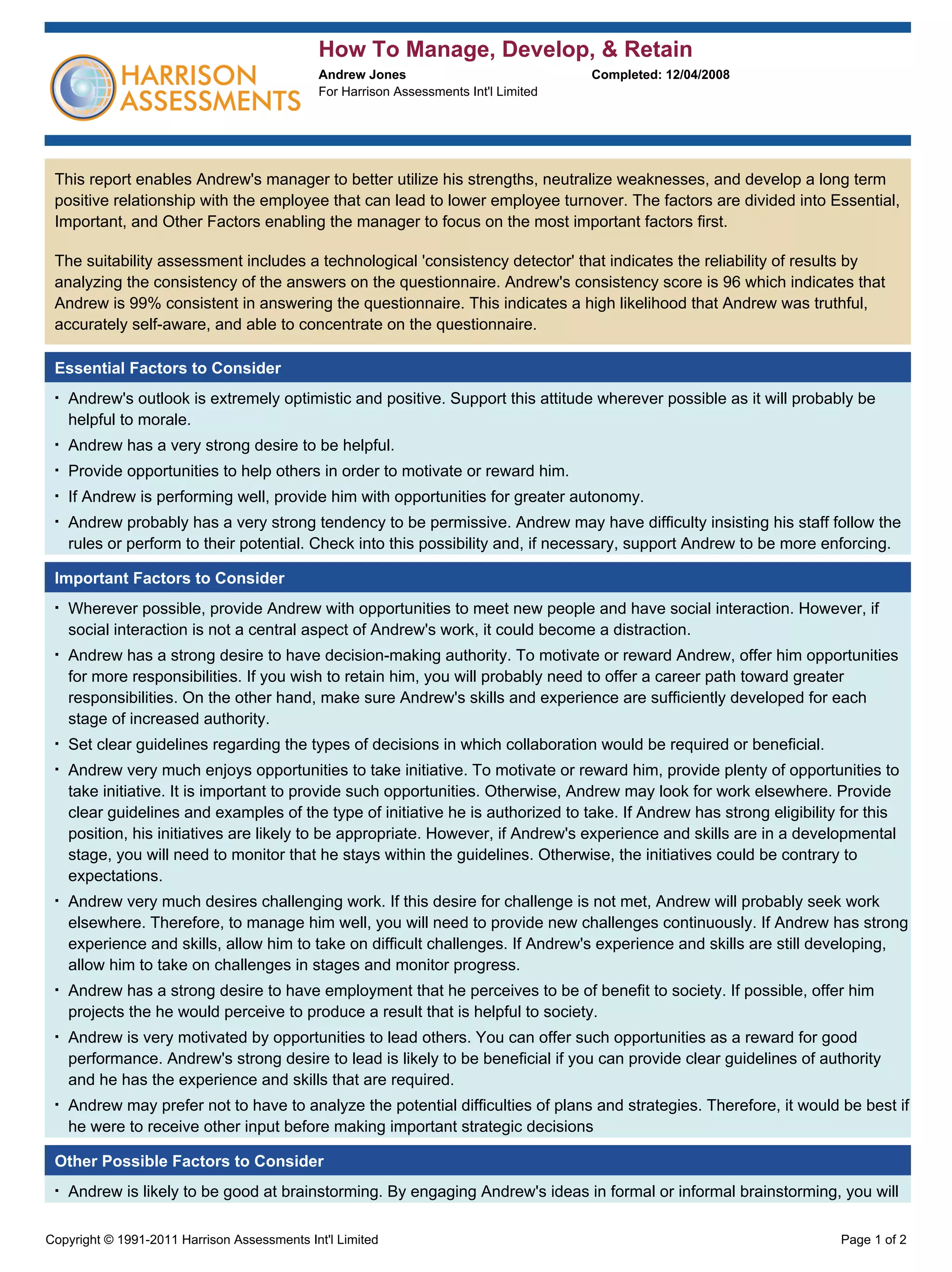 Harrison Assessments Sample Report How To Manage Develop and Retain | PDF