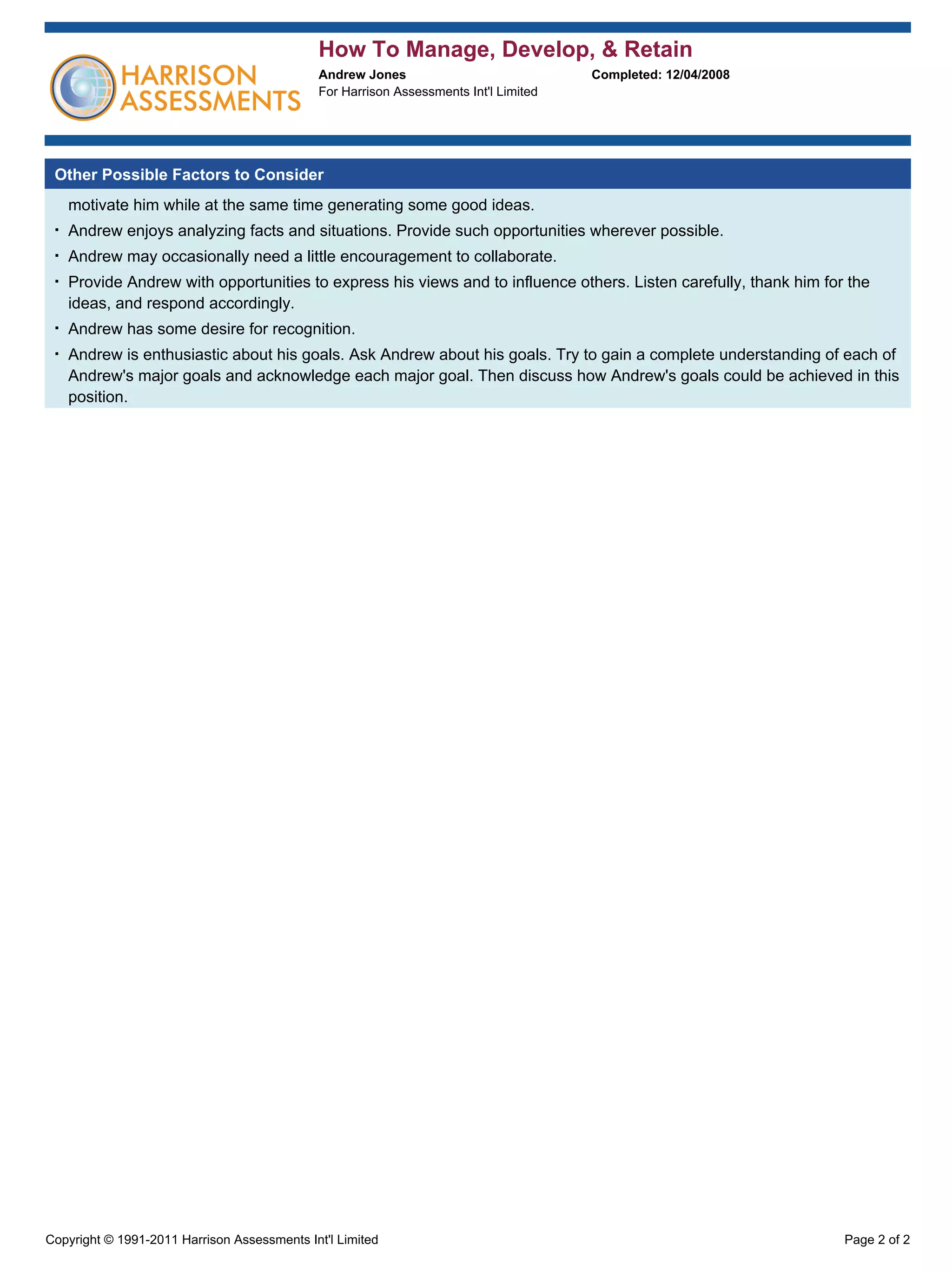 Harrison Assessments Sample Report How To Manage Develop and Retain | PDF