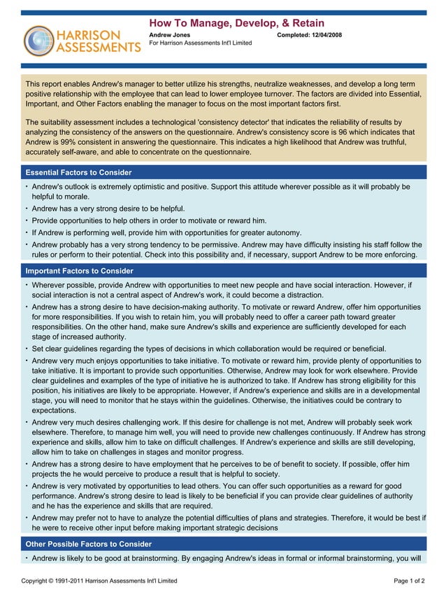 Harrison Assessments Sample Report How To Manage Develop and Retain | PDF