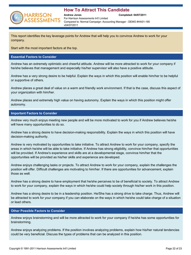 Harrison Assessments Sample Report Recruitment Package