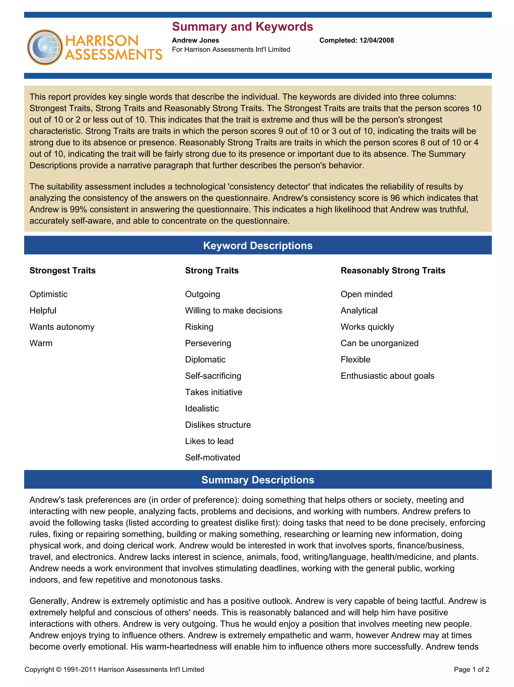 Harrison Assessments Sample Report Summary & Keywords | PPT